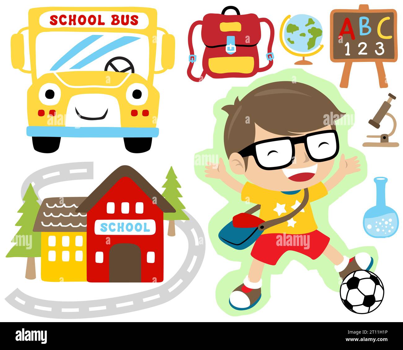 Vector set of school elements cartoon with happy student playing soccer ...