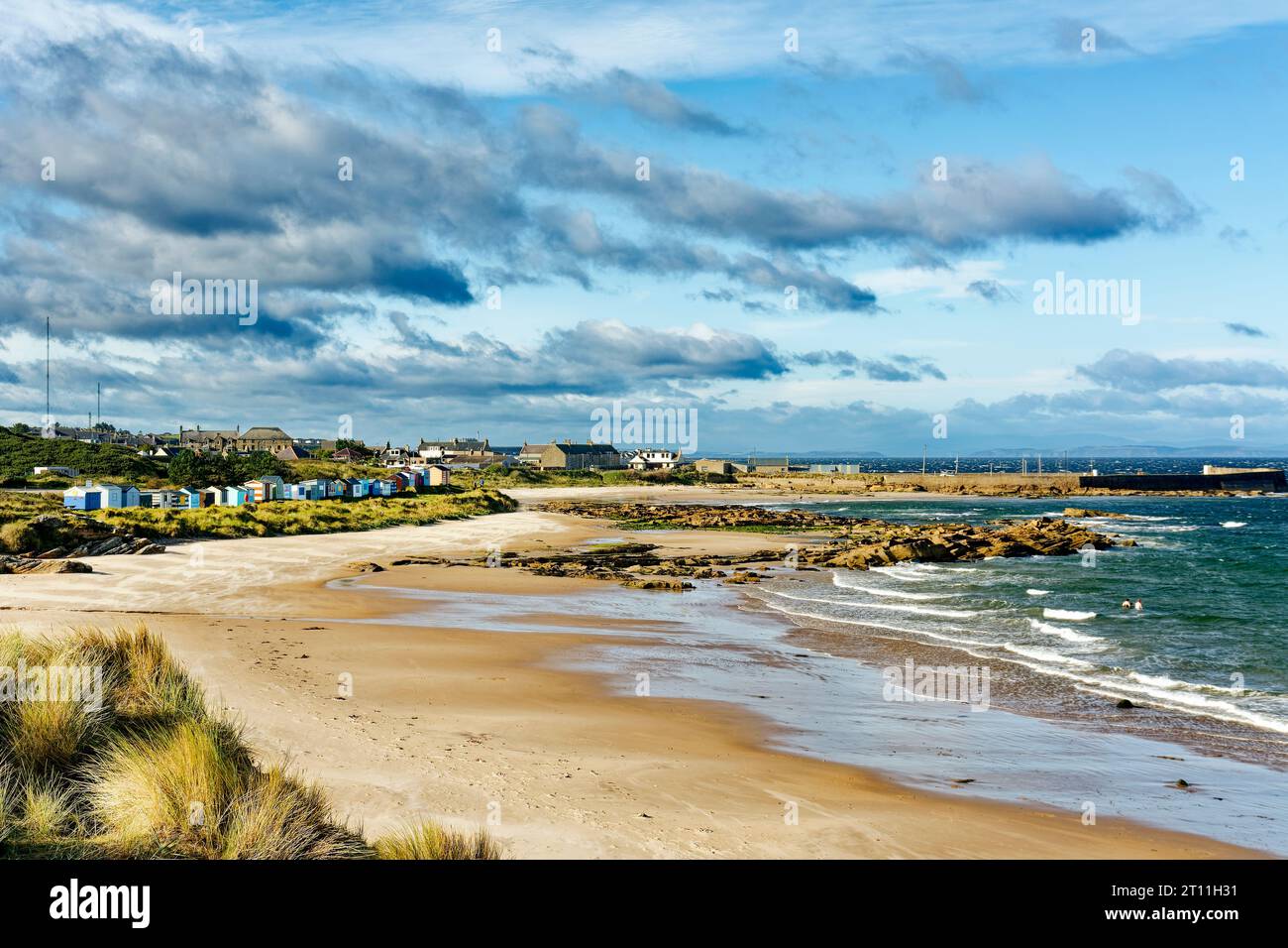 Hopeman Moray Coast Scotland East Beach wind blown sand and waves two ...