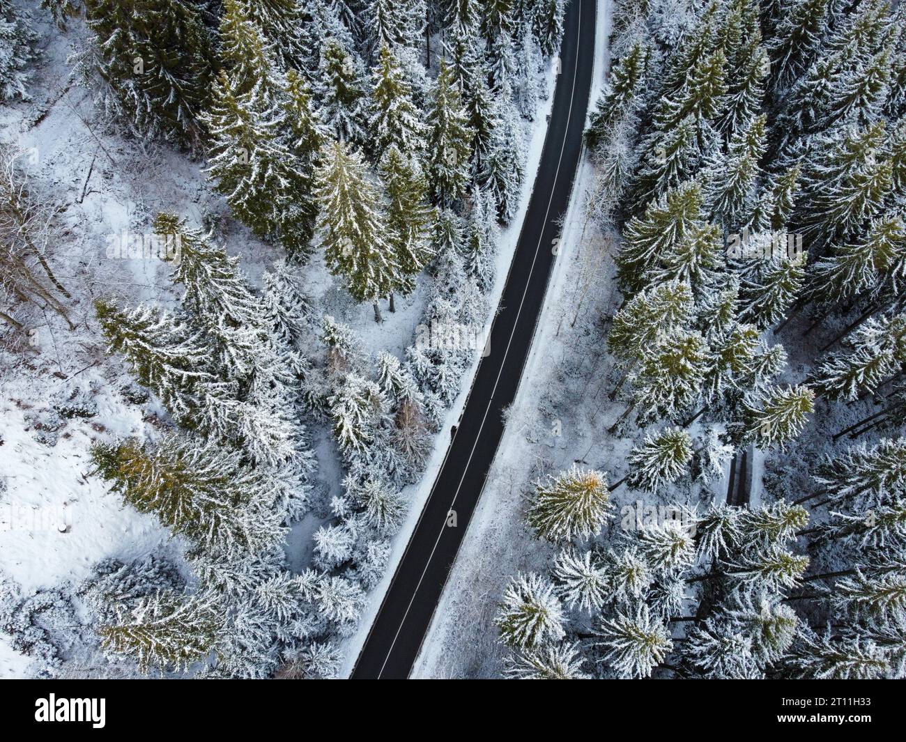 Road in a winter forest from above background Stock Photo - Alamy