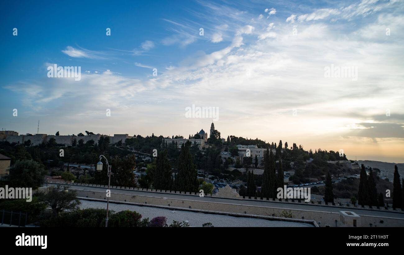 Picturesque aerial view of some old city at the blue skyline background ...