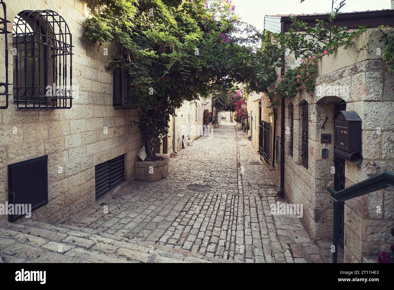 Narrow flowery side street on a fine day in a small magical village ...