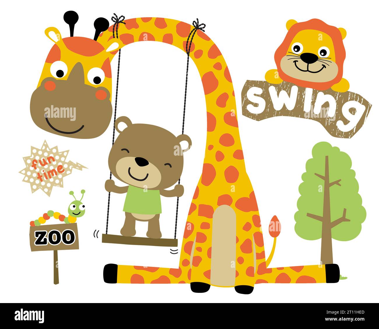 Vector set of funny animals cartoon playing swing. Giraffe, bear, lion ...