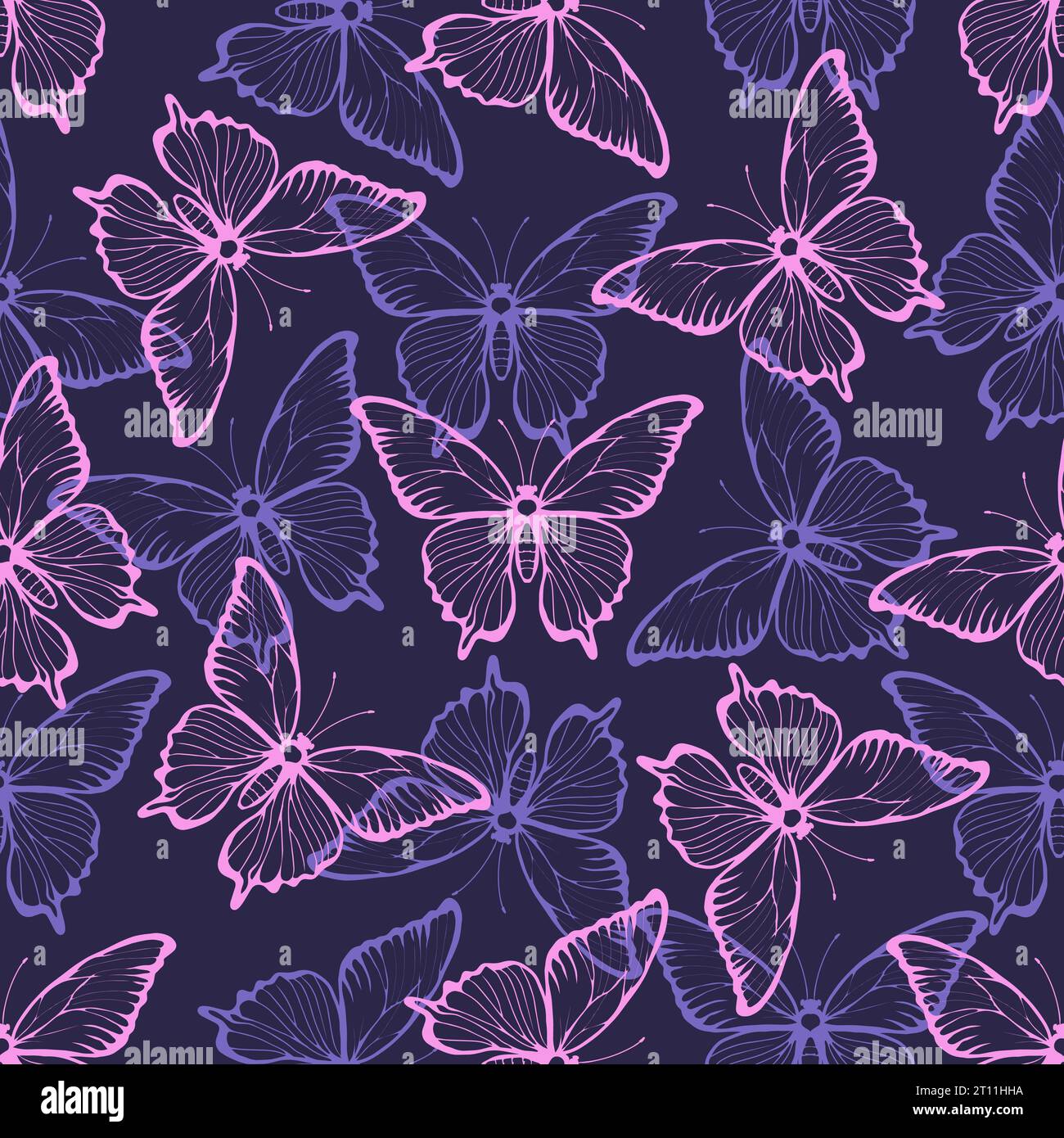 Pink and blue butterflies on a dark background. Seamless pattern of moths. Vector illustration ...