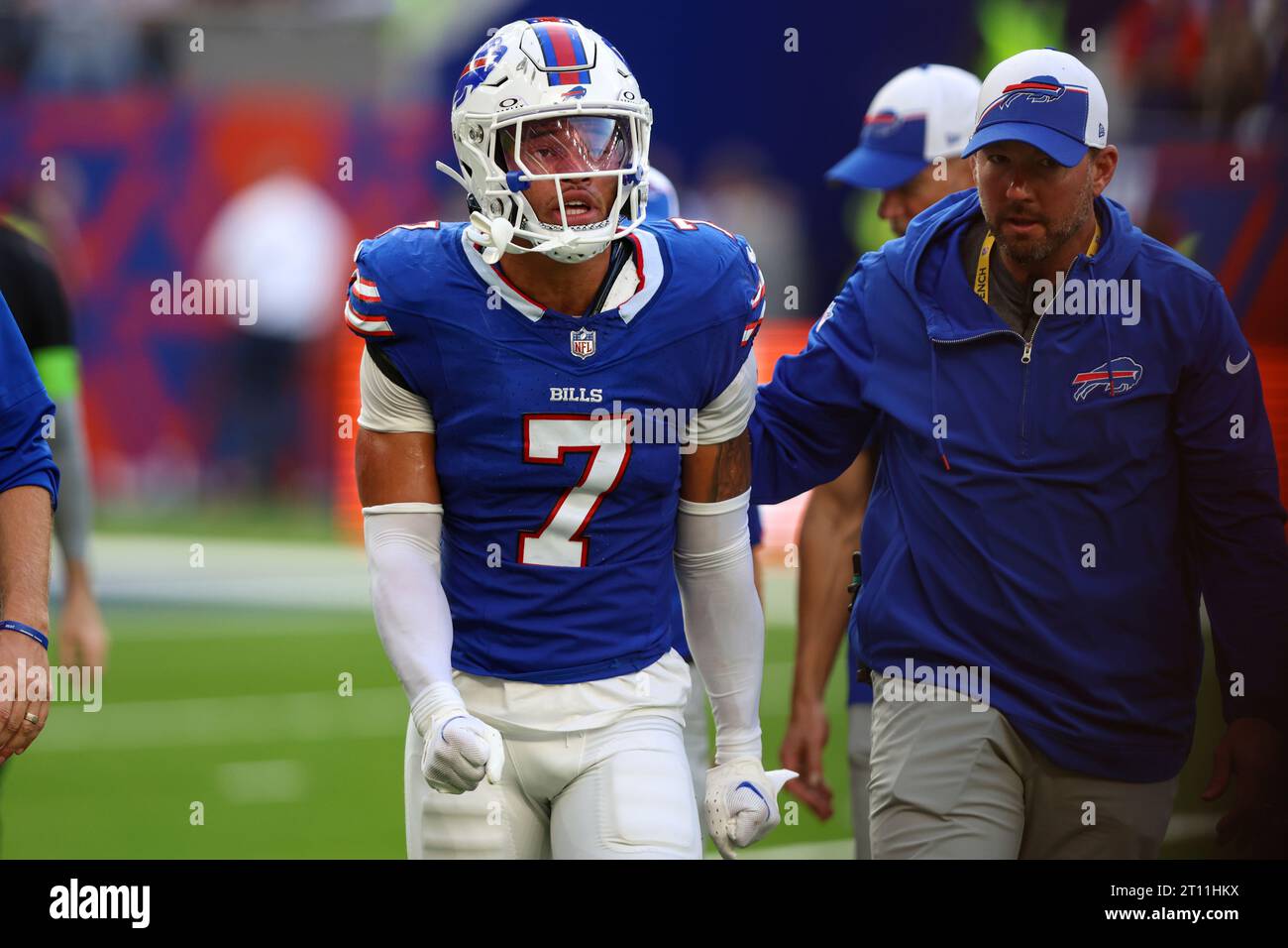 Buffalo Bills cornerback Taron Johnson (7) walks off the field after an ...