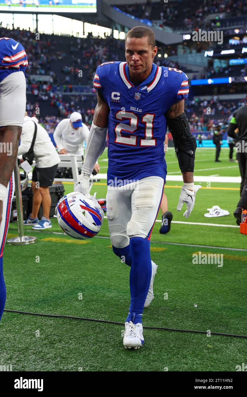 Buffalo Bills safety Jordan Poyer (21) walks off the field after an NFL ...
