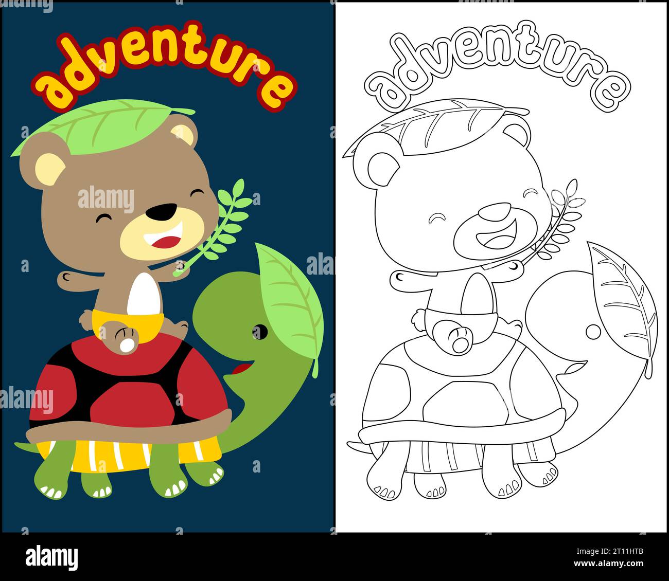 Cartoon of little bear riding on turtle, coloring book or page Stock ...