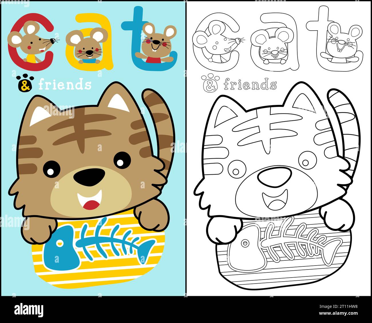 Cartoon of cat holding fish bone with three mouse, coloring book or ...