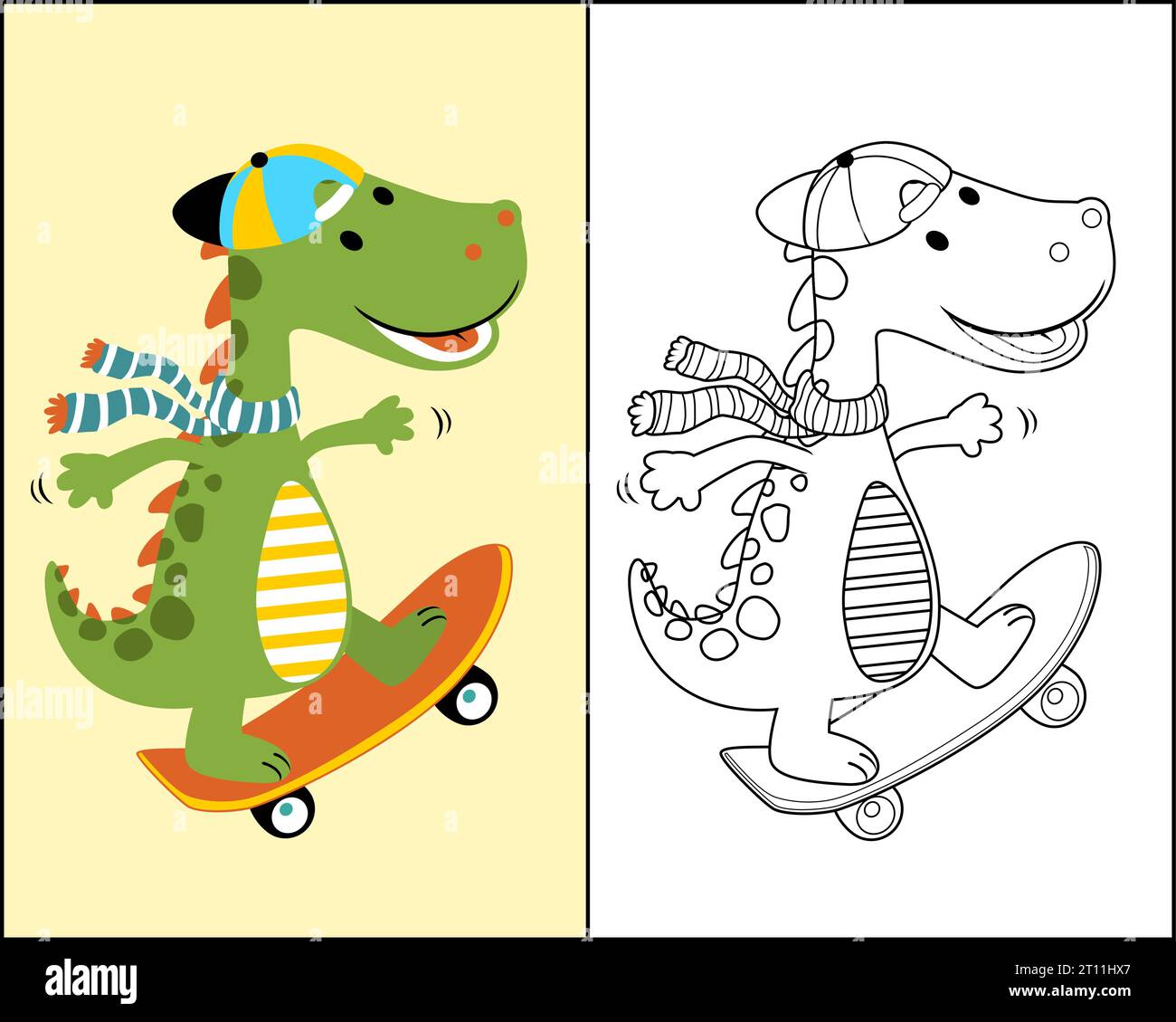 Cartoon of cute dino playing skateboard, coloring book or page Stock ...