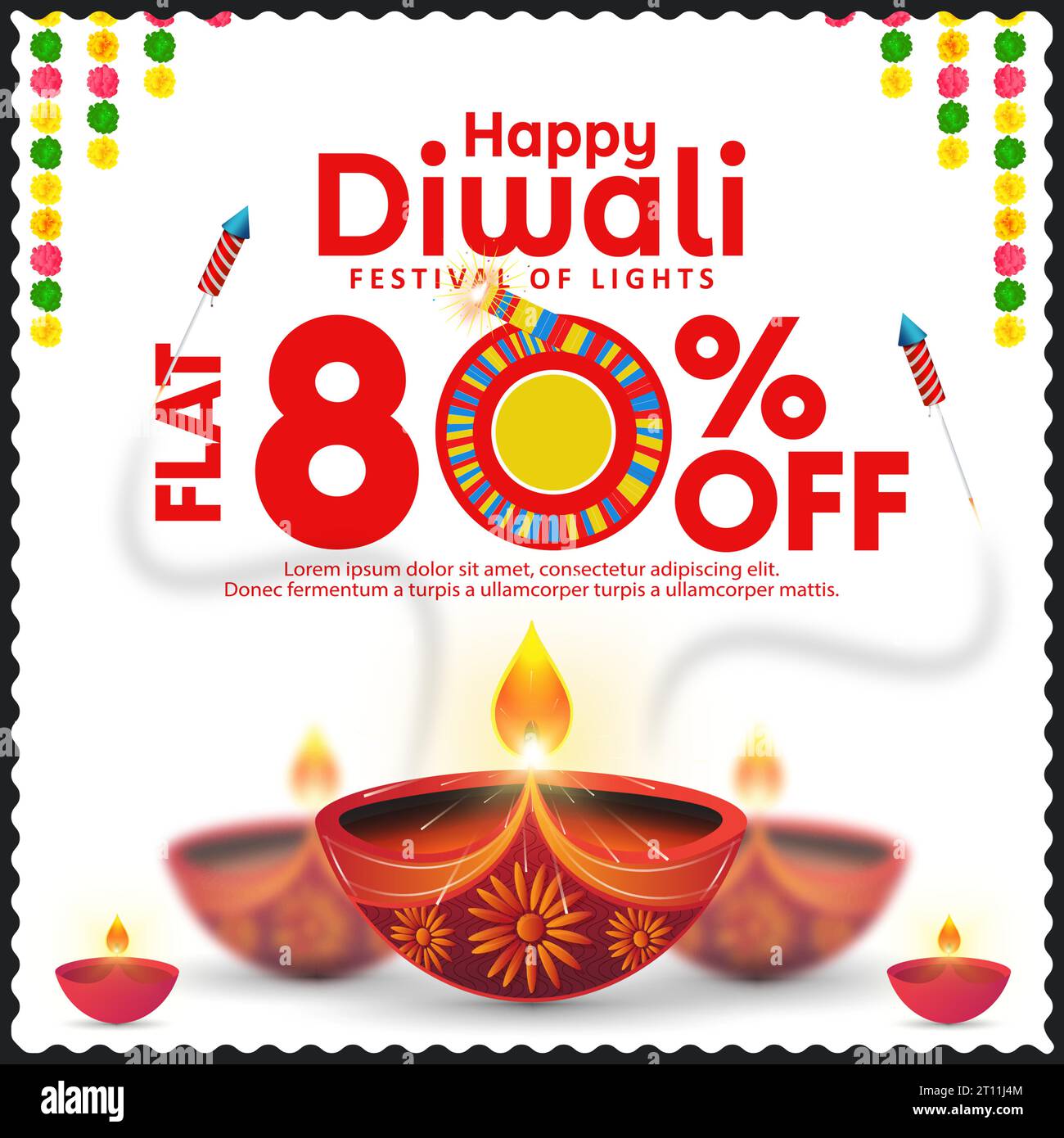 Happy Diwali 80% off promotion sale banner design template with diya ...