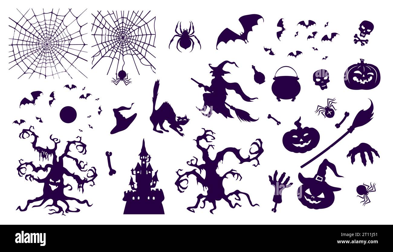 Bats, spider with a web, full moon, witch, scary trees, dead man's ...