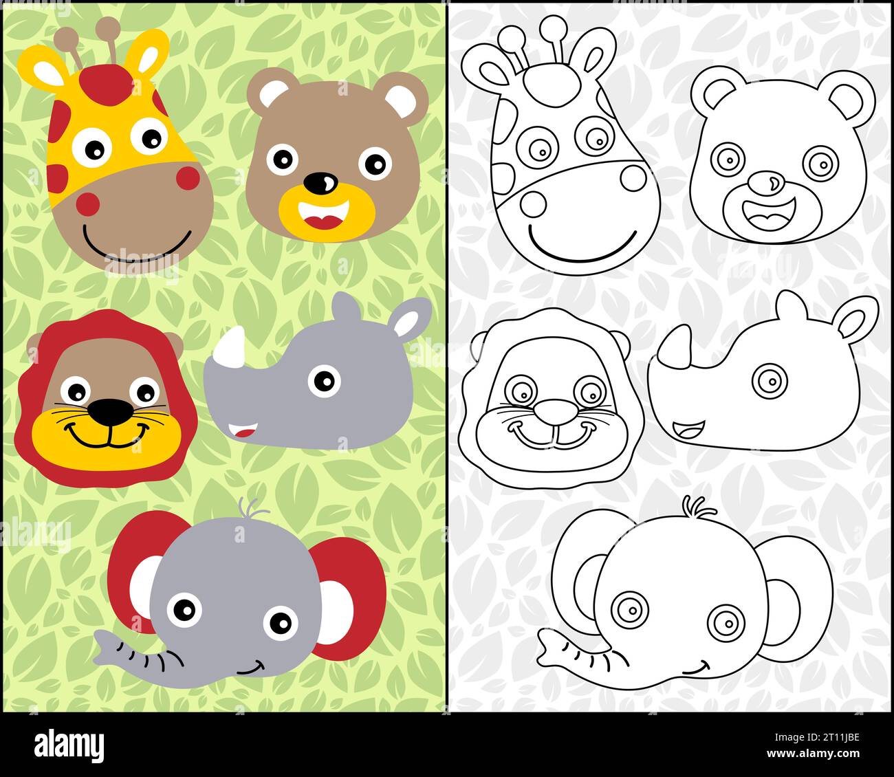 Cartoon of cute animals smile face on leaves background, coloring book ...