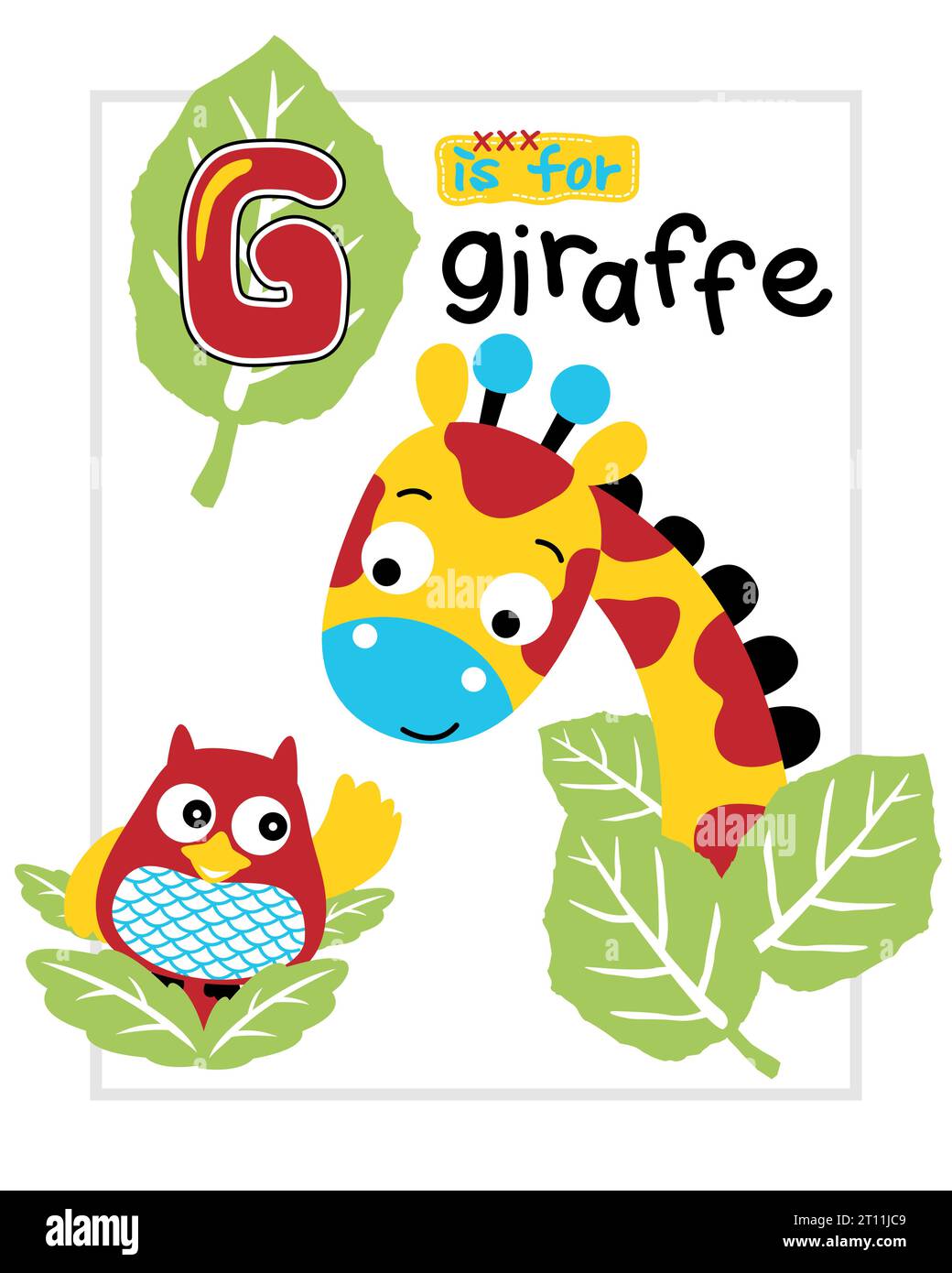 Vector illustration of giraffe and owl cartoon with leaves Stock Vector ...