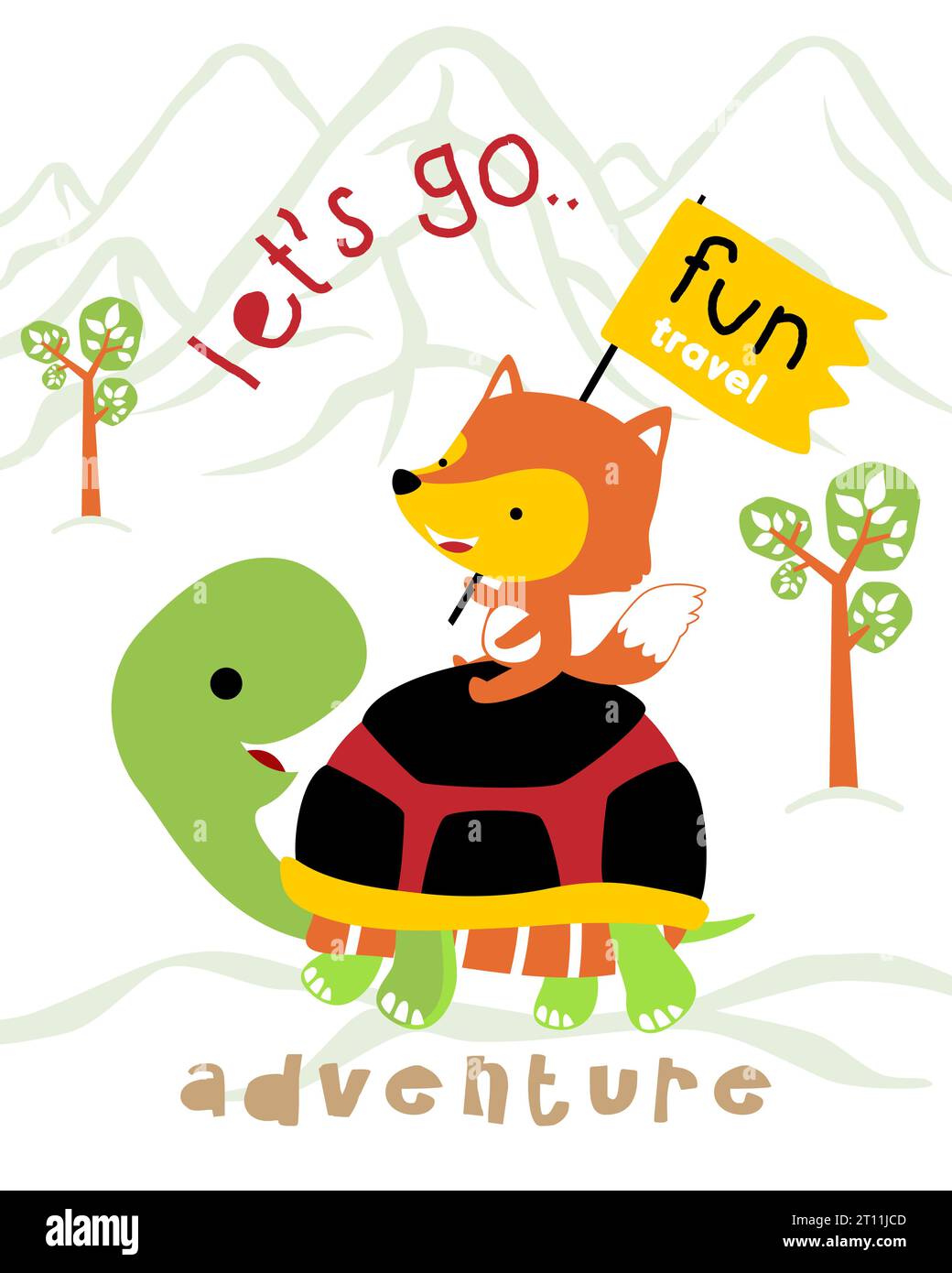 Cartoon of little fox carrying flag riding on turtle on mountain ...