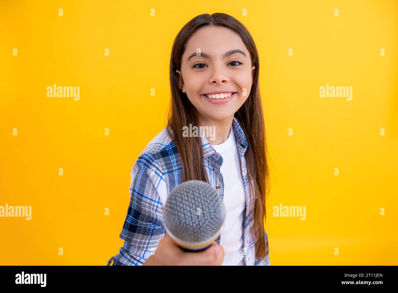 teen girl singer interviewing in studio. young girl singer perform ...