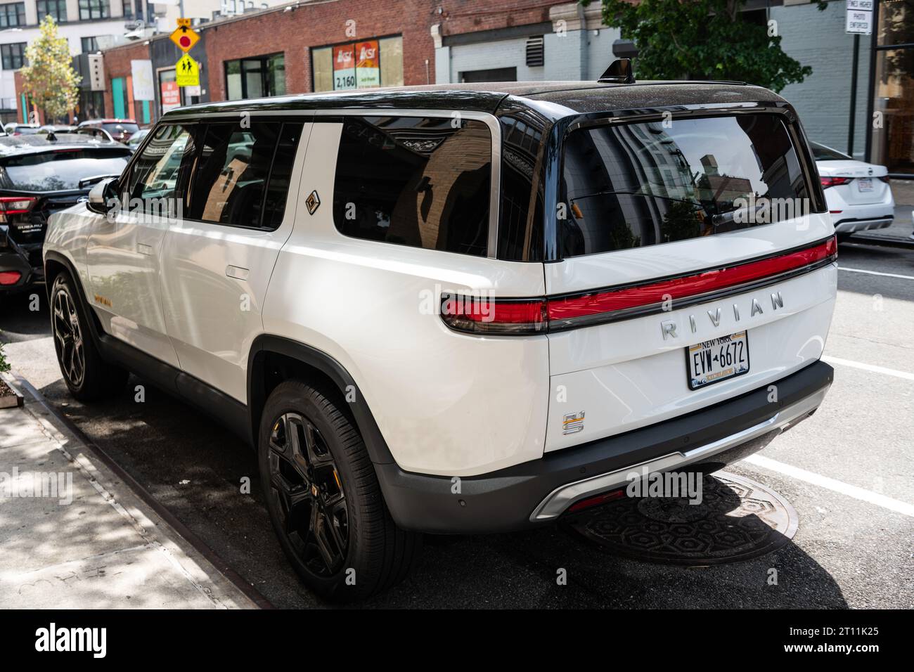 New York City, USA - August 06, 2023: Rivian R1S SUV white electric car ...