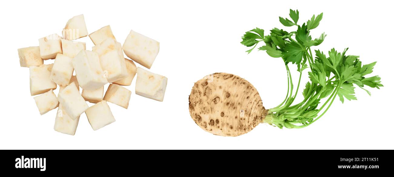 diced celery root isolated on white background. Top view. Flat lay ...