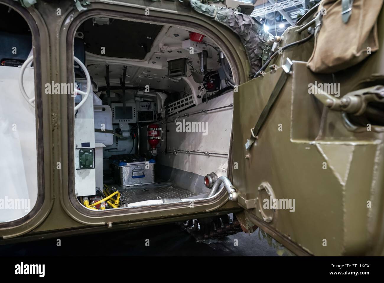 Rear cargo interior of tactical vehicle, heavy armoured back door ...
