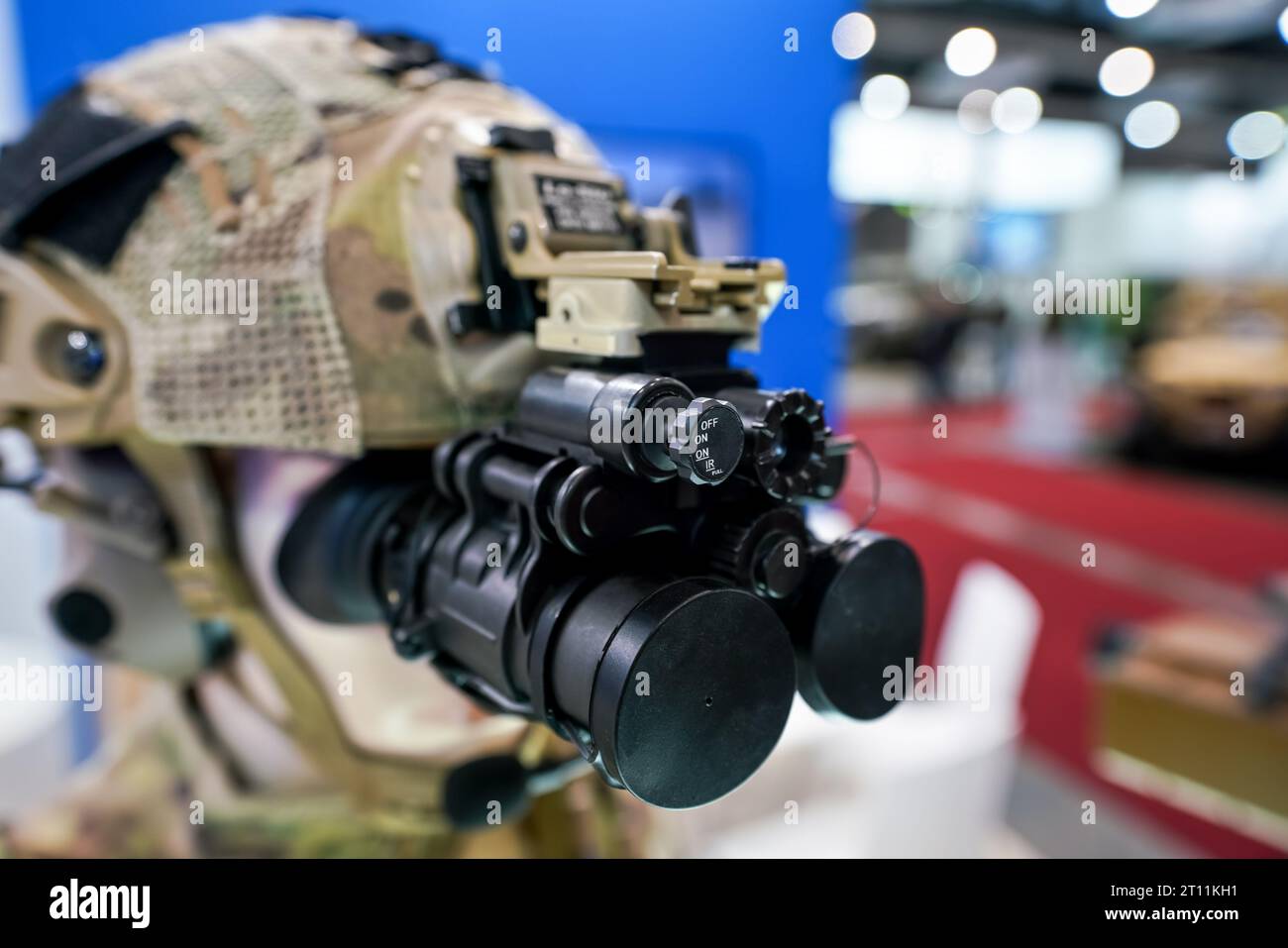 Night vision goggles on military helmet, closeup detail to lenses ...