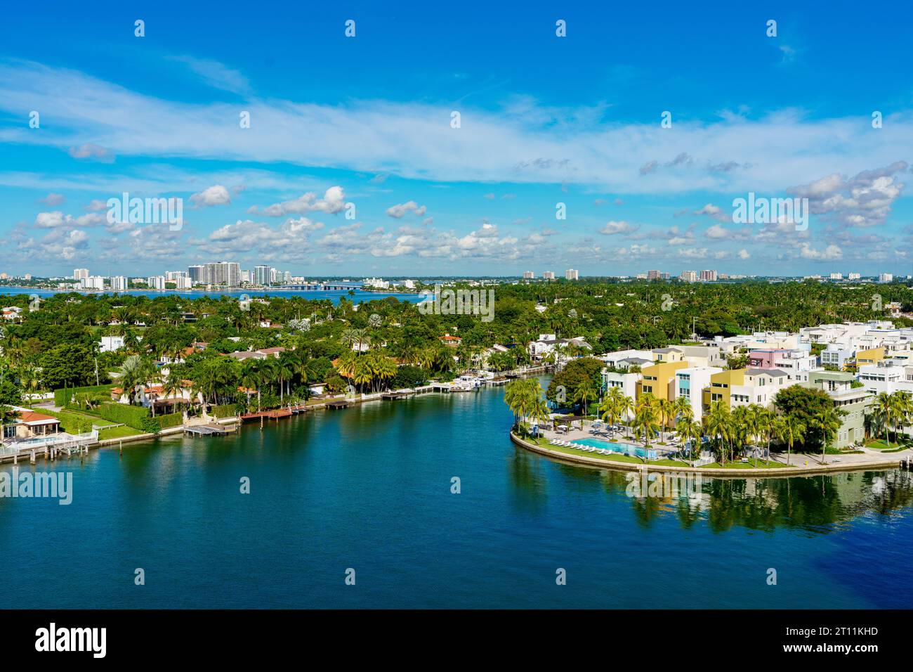 Aerial photo Miami Beach waterfront real estate with blue sky and deep ...