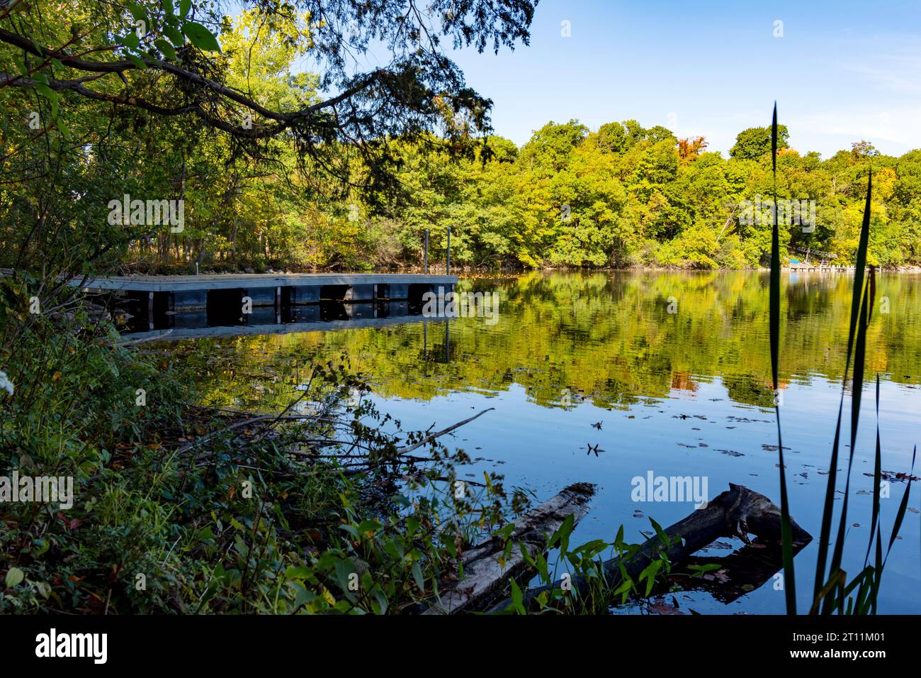 Looking at a dock on a Wisconsin lake in early October in the morning ...