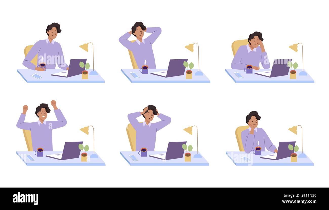 Man at the desktop with different emotions. Successful, happy, upset ...