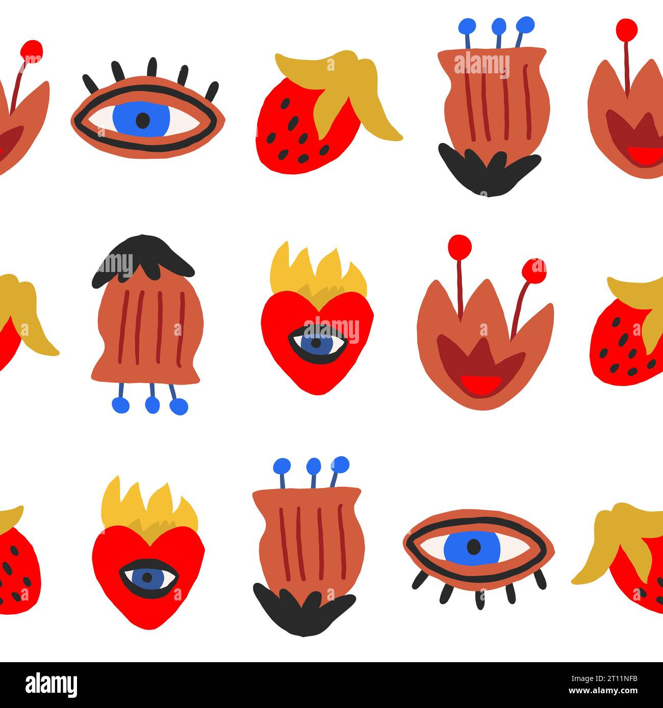 Funky heart with flame and one eye, Valentine day seamless pattern ...