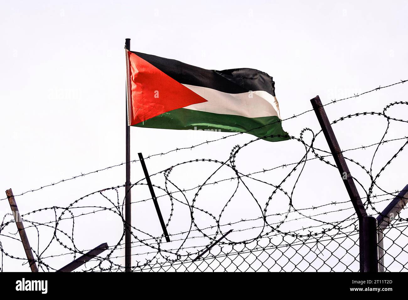 View of palestinian flag behind barbed wire against cloudy sky. border ...