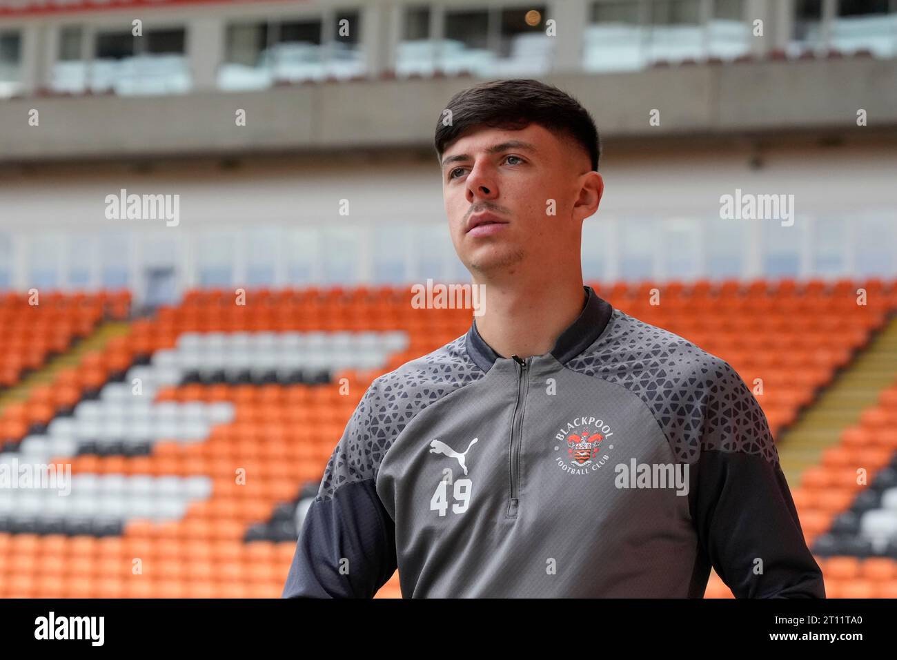 Luke Marietta #49 of Blackpool arrives at the stadium before the EFL ...