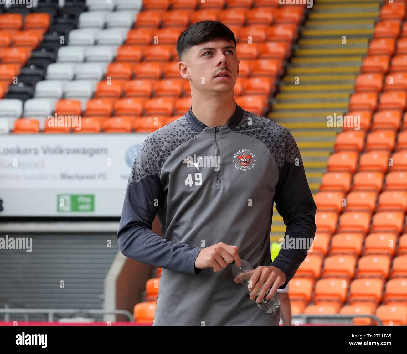 Luke Marietta #49 of Blackpool arrives at the stadium before the EFL ...