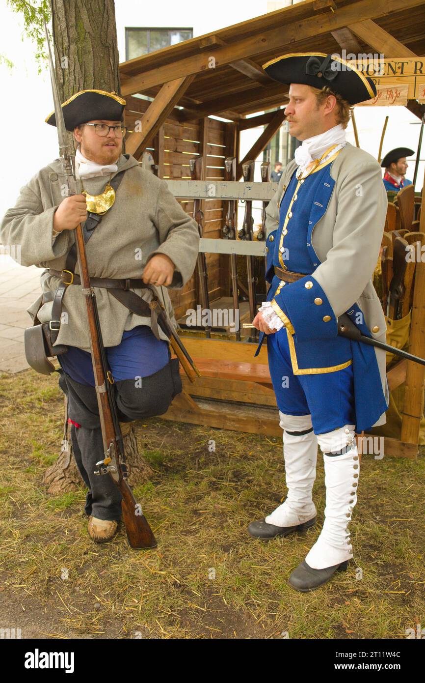 Canada, Quebec, Montreal, 18th century public market, soldiers, people ...