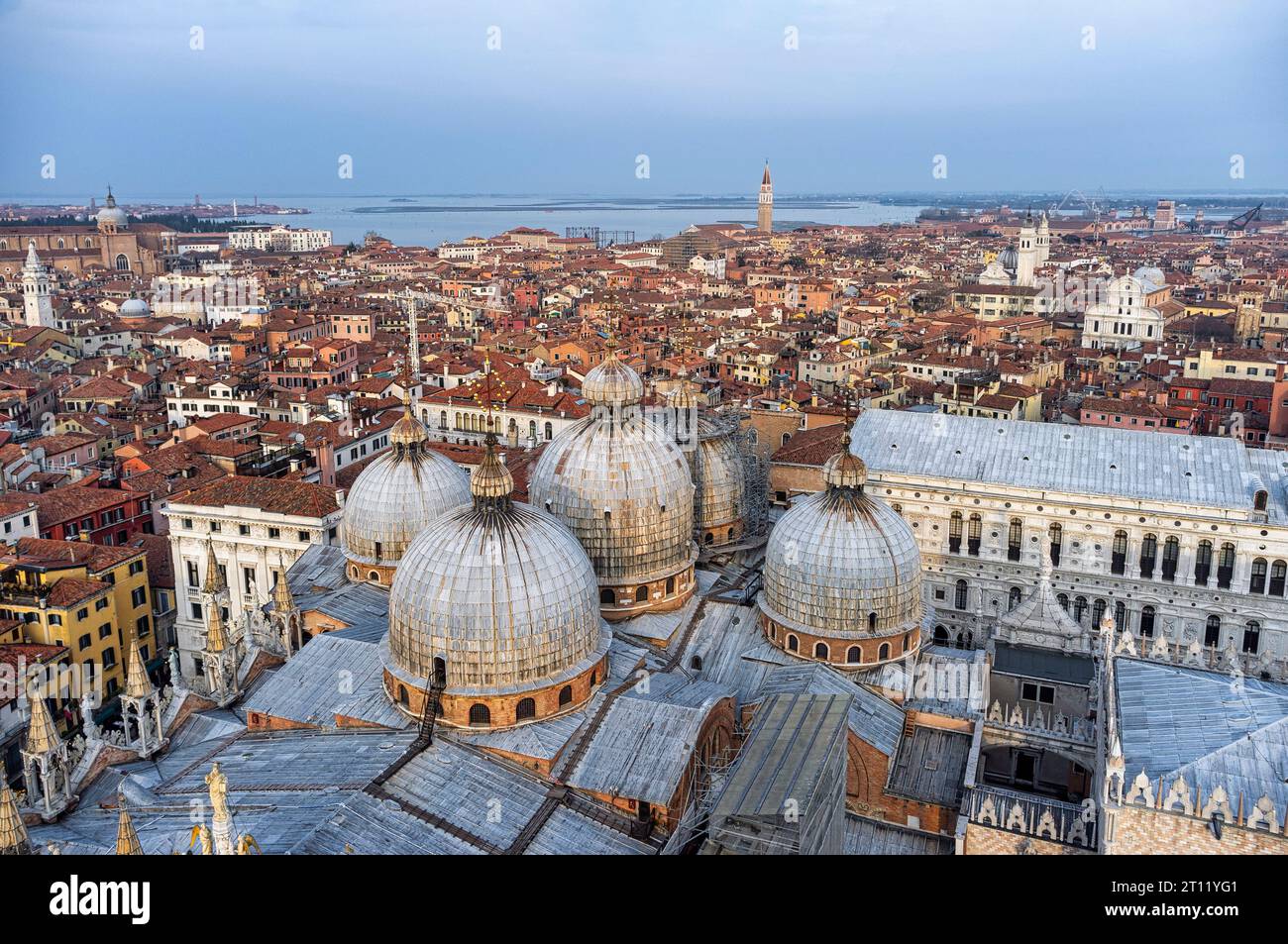 Aerial view of the domes of St. Mark's Basilica in Venice, Italy, and ...