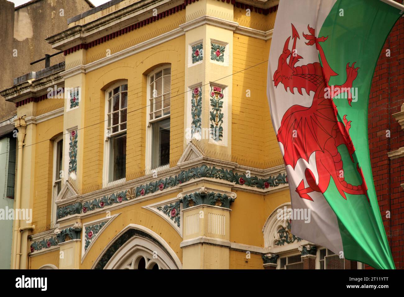 The Wales flag on a building in Cardiff Stock Photo - Alamy