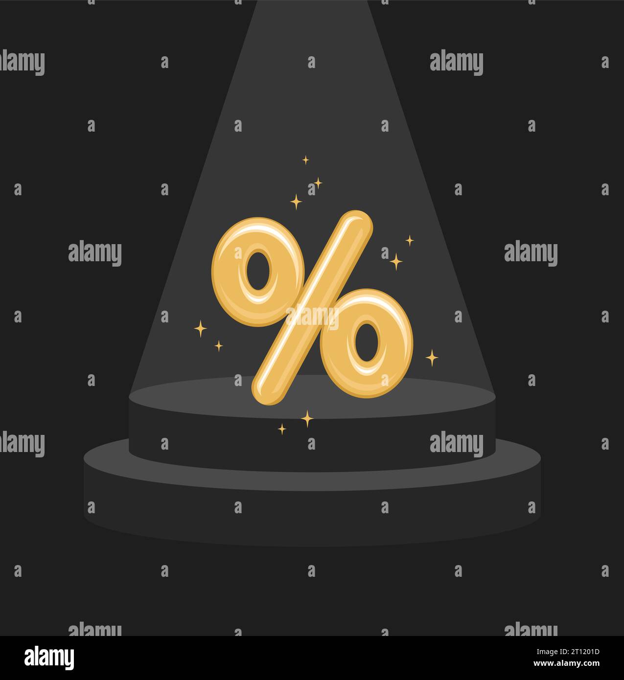 Glowing gold percent sign on a pedestal under the spotlight. Black ...