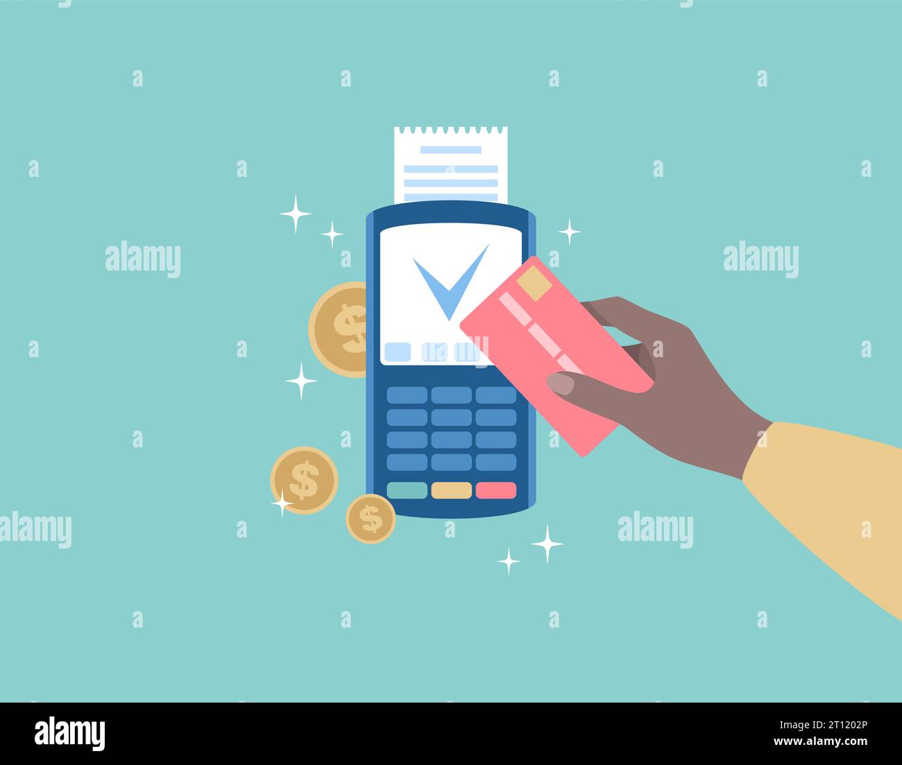 Hand holding credit card near POS terminal and gold coins around ...