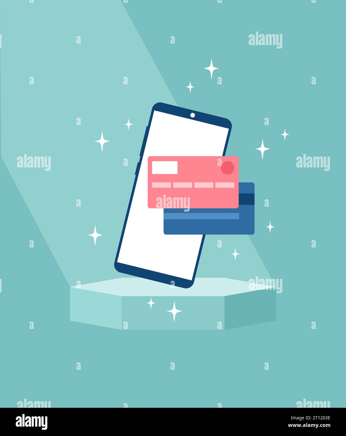 Smartphone with credit cards on screen on pedestal under spotlight ...