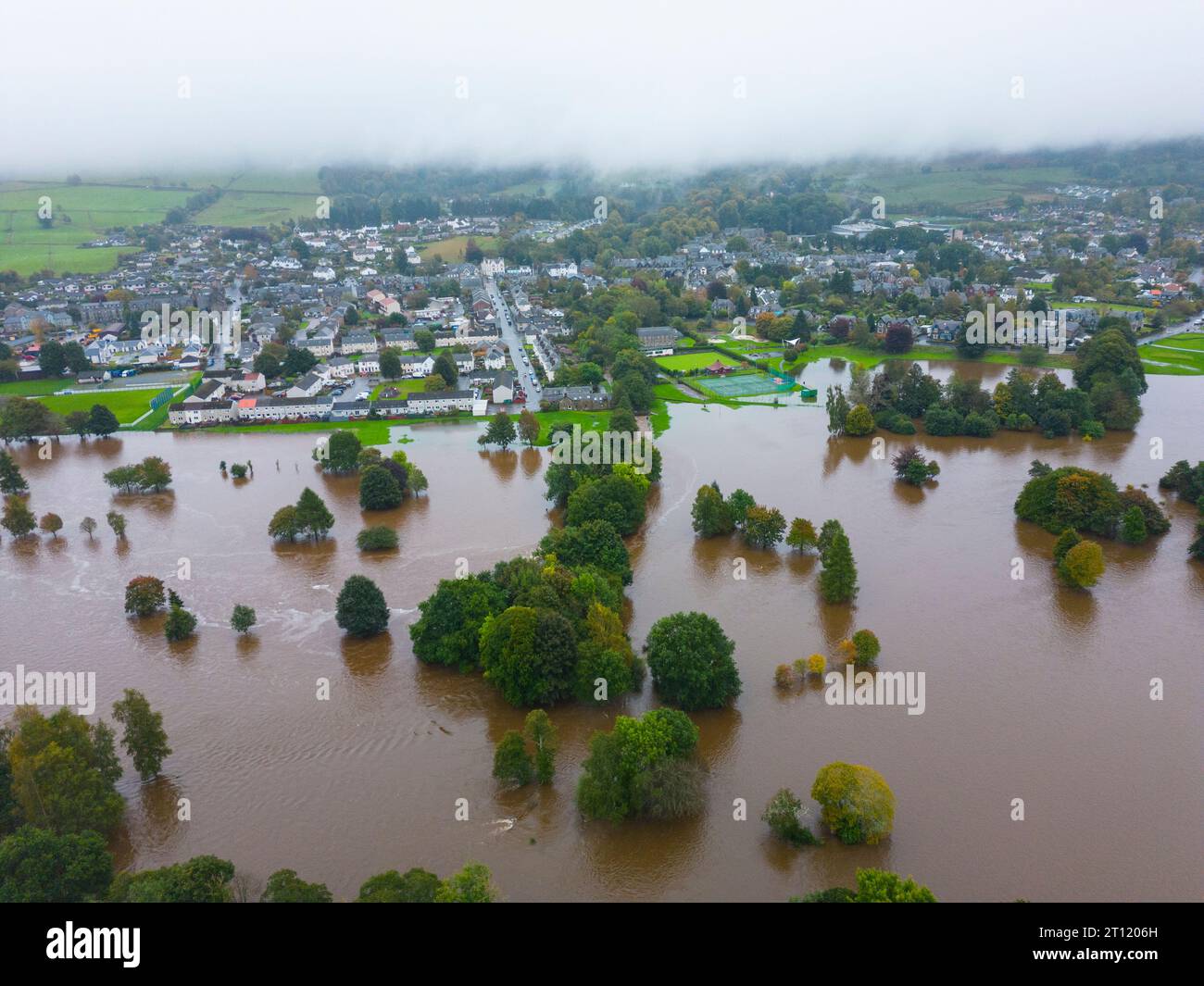 Aerial views from drone of Aberfeldy Golf Course flooded by the River ...