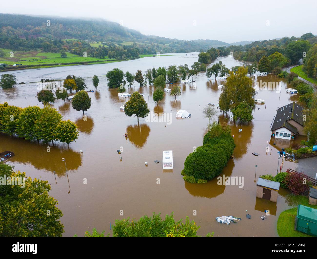 Aerial views from drone of Aberfeldy Caravan Park is flooded by the ...