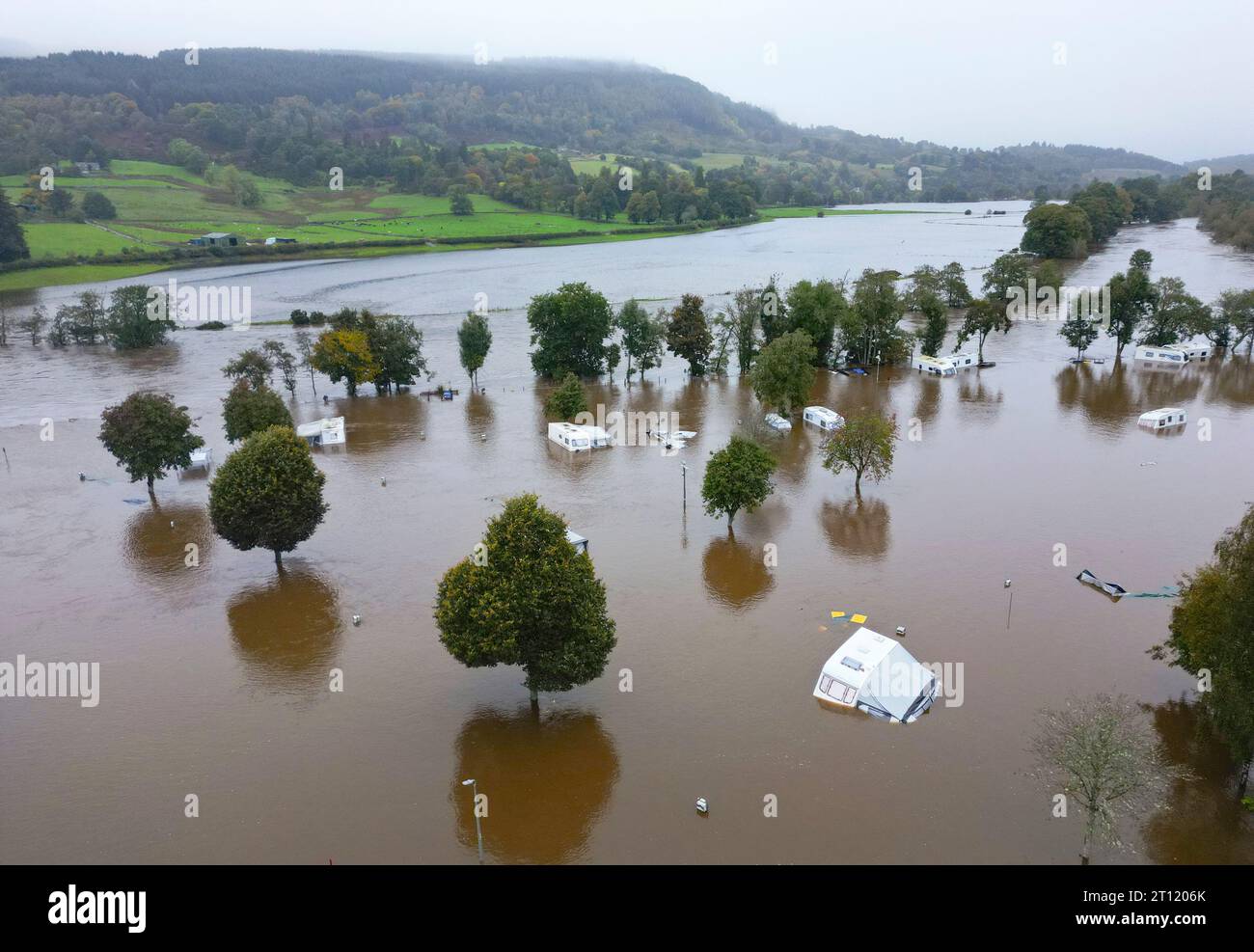 Aerial views from drone of Aberfeldy Caravan Park is flooded by the ...
