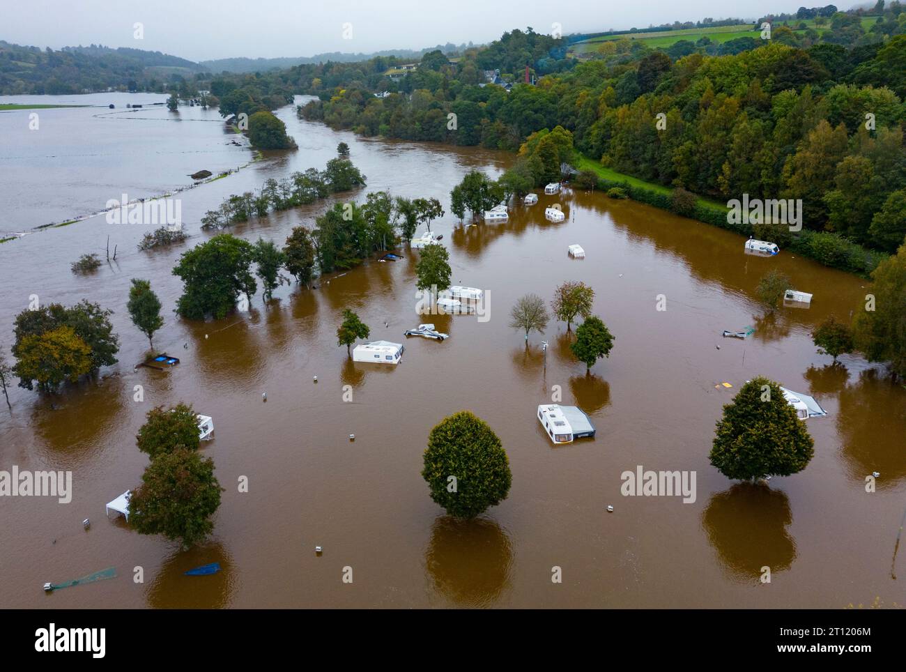 Aerial views from drone of Aberfeldy Caravan Park is flooded by the ...
