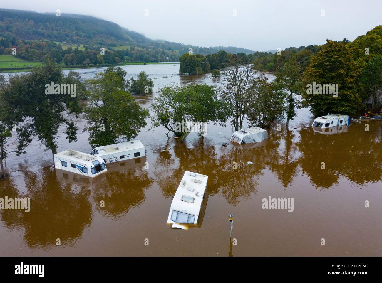 Aerial views from drone of Aberfeldy Caravan Park is flooded by the ...