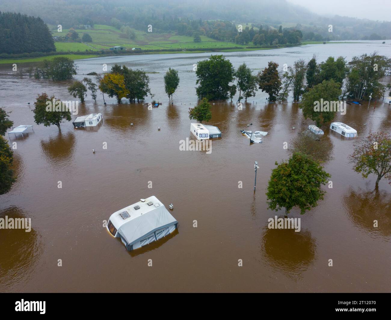 Aerial views from drone of Aberfeldy Caravan Park is flooded by the ...