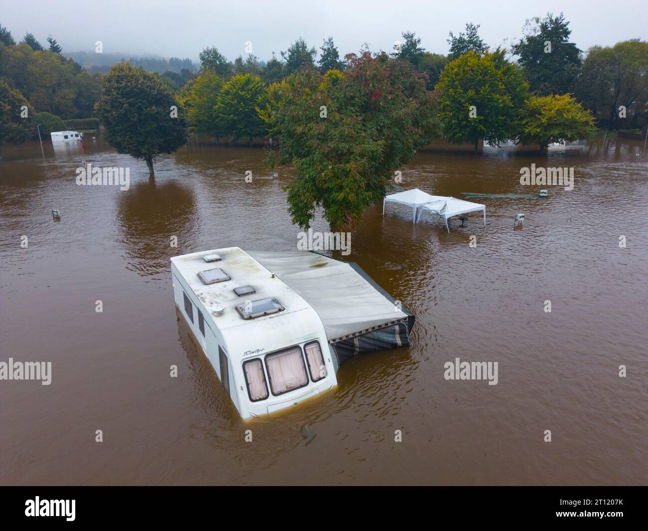 Aerial views from drone of Aberfeldy Caravan Park is flooded by the ...
