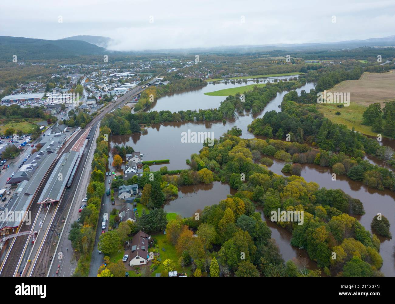 Aerial views from drone of Aviemore, parts of which were flooded by the ...