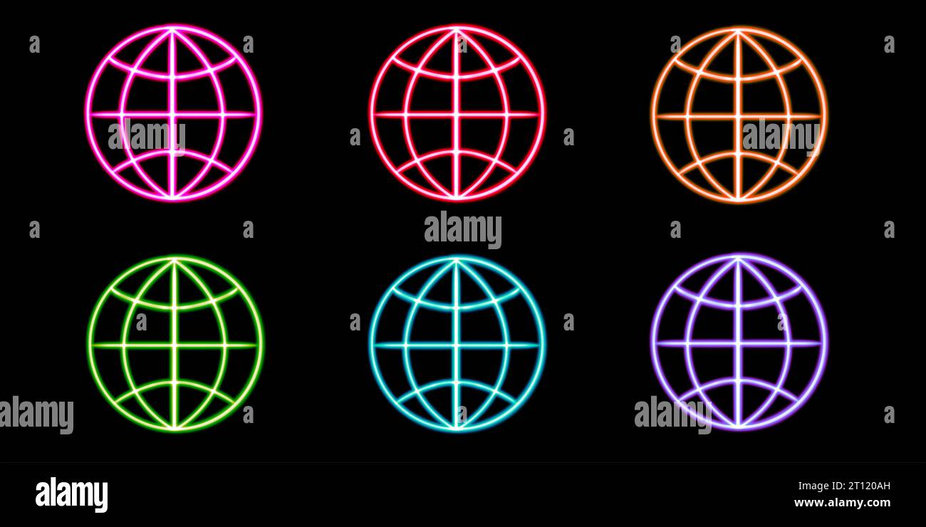 set internet web glowing desktop icon, neon sticker, neon global ...