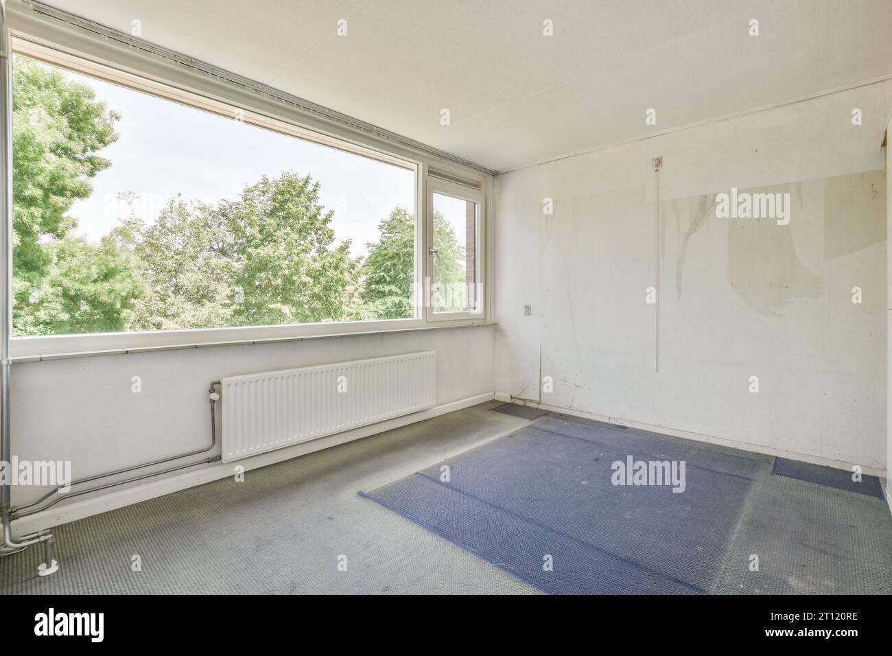 an empty room with no one on the floor and trees visible in the window ...