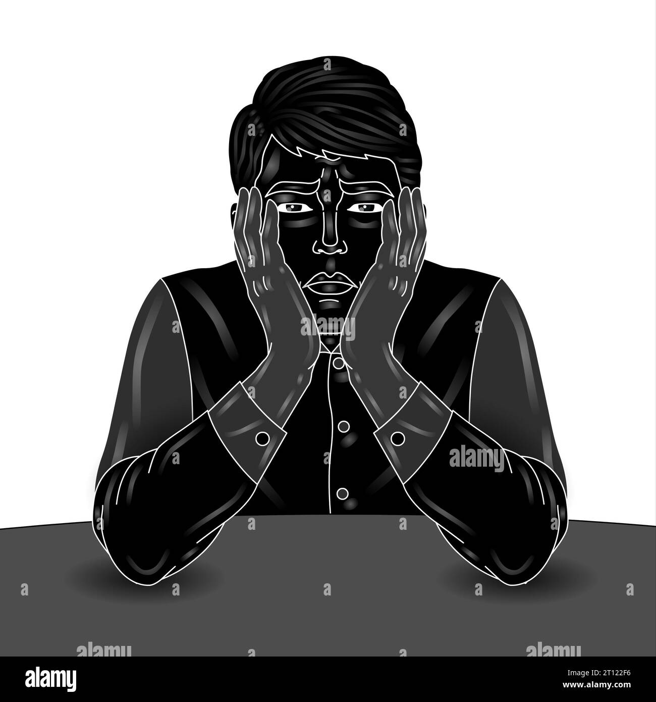 Sad man sitting at the table with hands on his face Stock Photo - Alamy