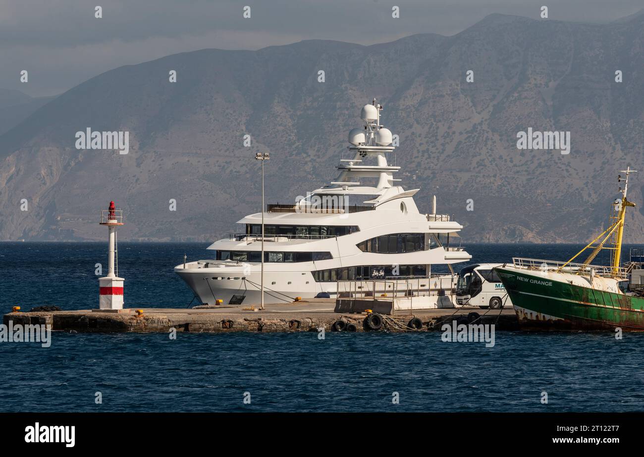 Agios Nikolaus, Crete, Greece, Europe. Super yacht alongside berth in ...