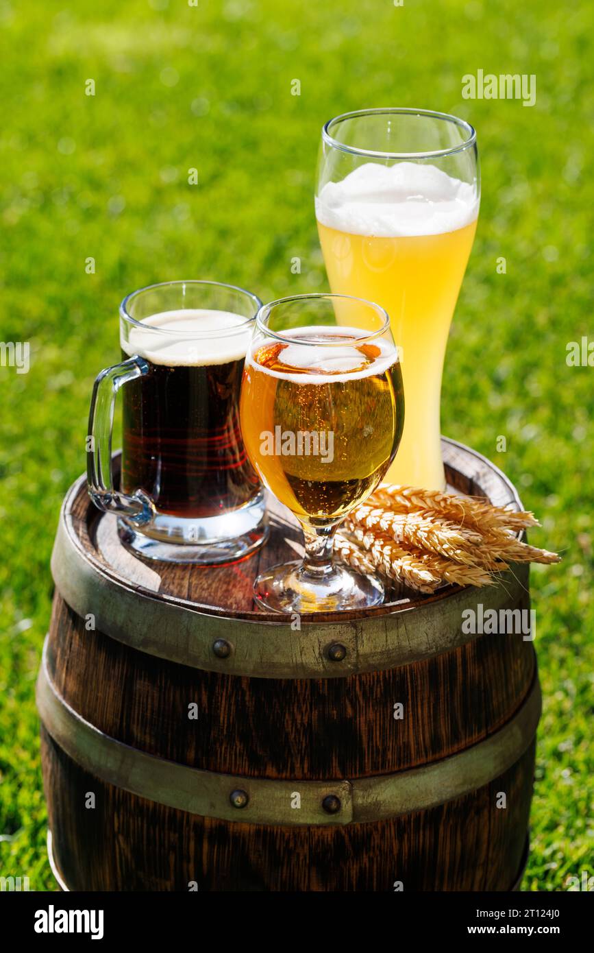 Variety of beer glasses on rustic wooden barrel. Sunny outdoor with ...