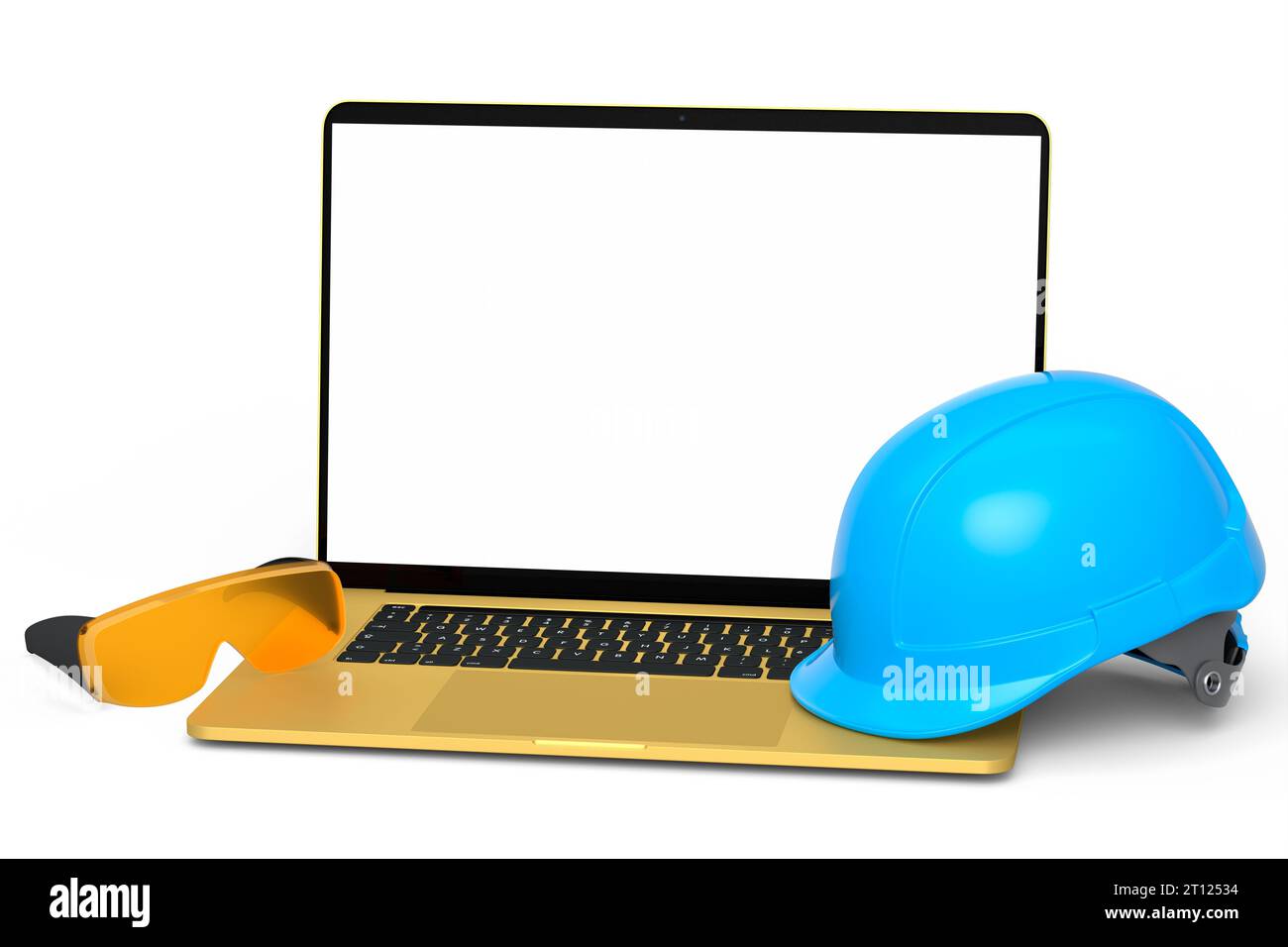 Set of safety helmets or hard caps, goggles and laptop for carpentry ...