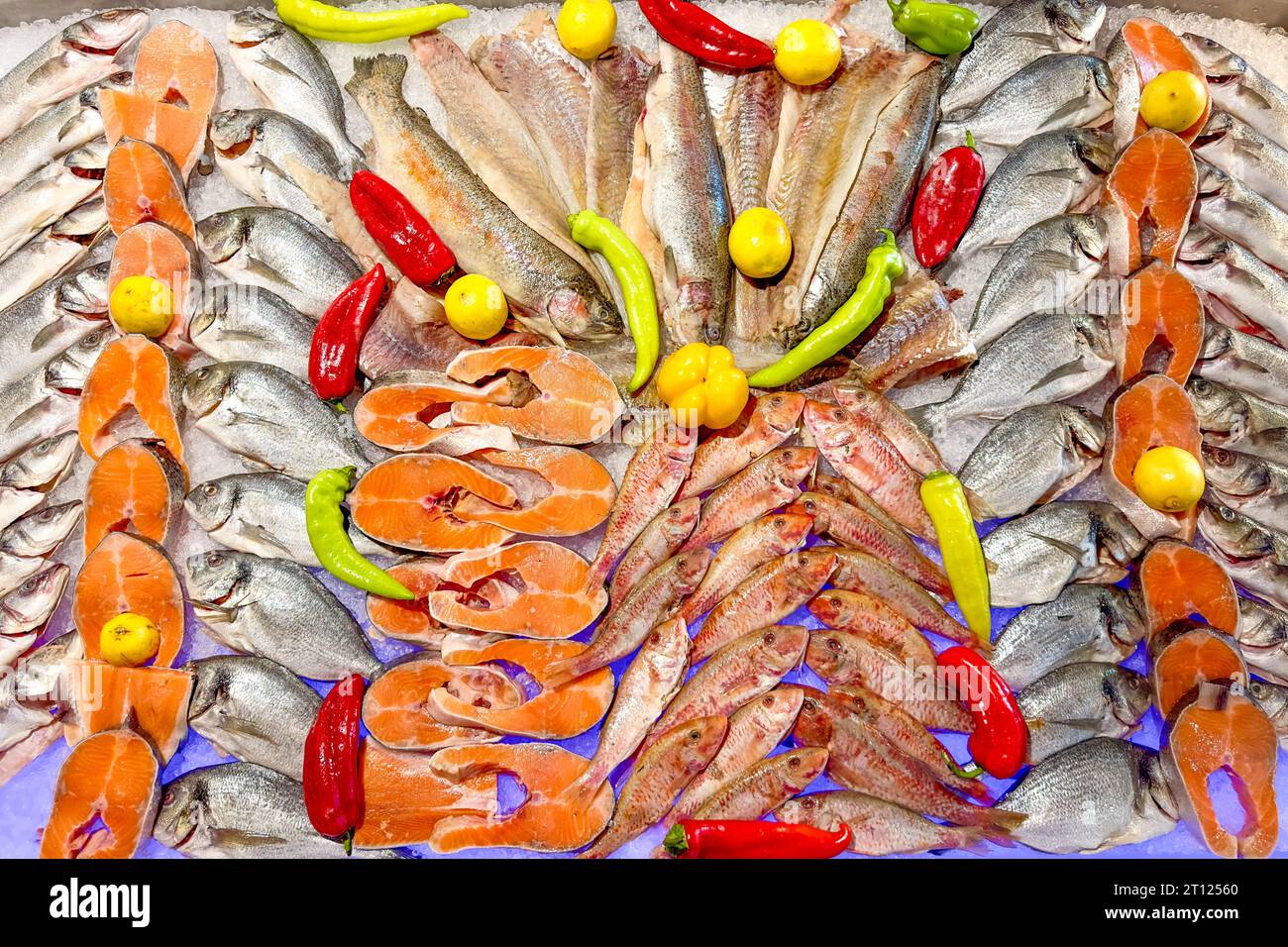 Variety of fresh fish on display at the Fisherman's counter, fish ...